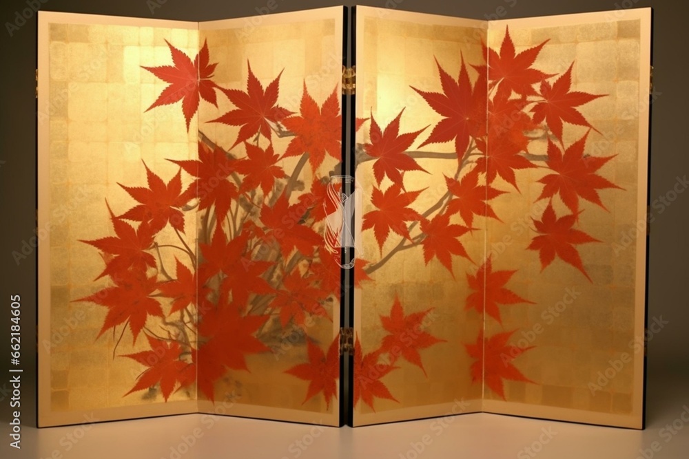 Golden folding screen with maple leaves turning red. Generative AI ...
