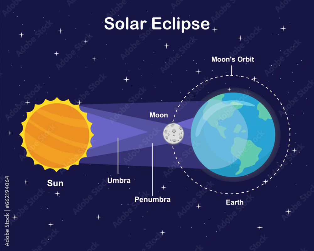 Diagram showing solar eclipse Sun Earth and Moon vector infographic ...