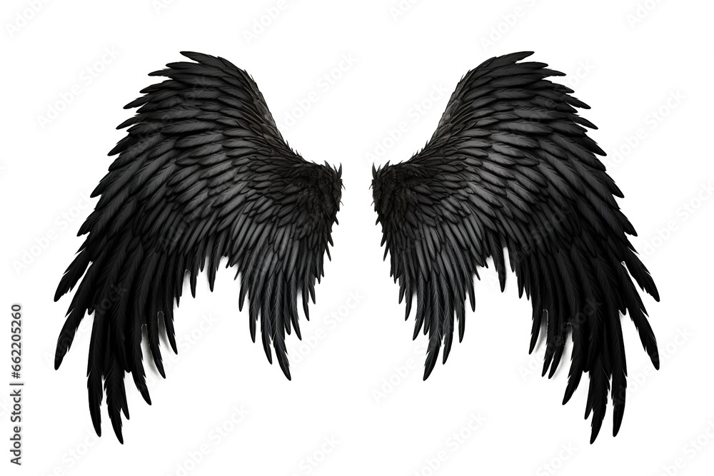 spread black dark demon feather angel wings on transparent background ...