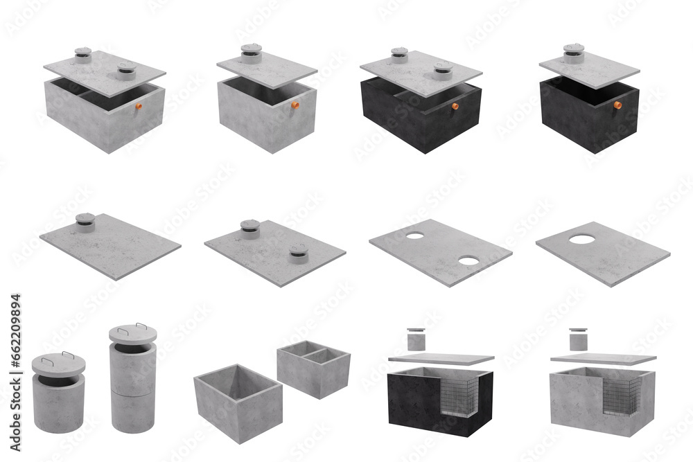 3D render of collection set of waste septic concrete tanks for domestic ...