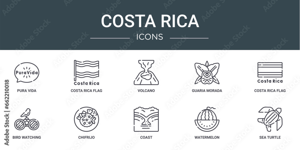 set of 10 outline web costa rica icons such as pura vida, costa rica ...