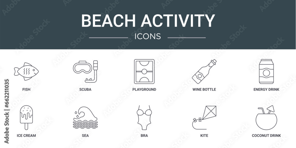 set of 10 outline web beach activity icons such as fish, scuba ...