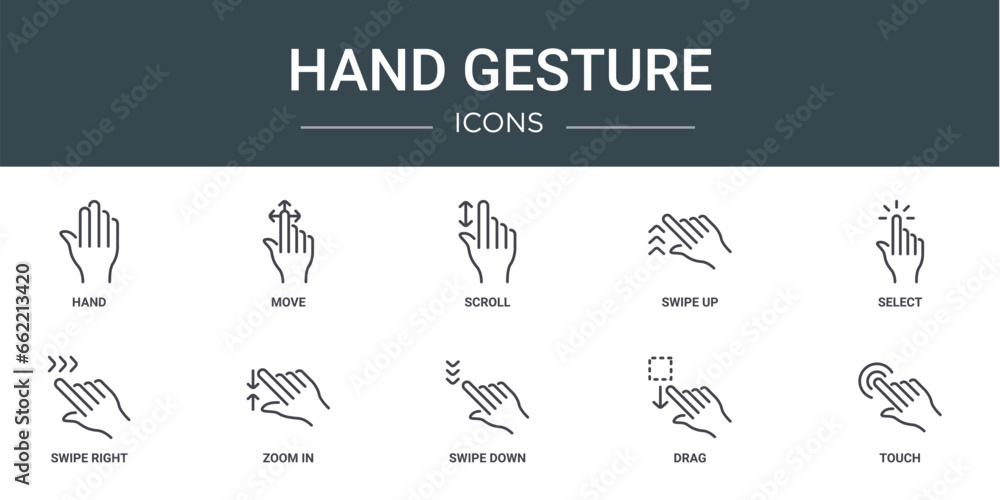 set of 10 outline web hand gesture icons such as hand, move, scroll ...