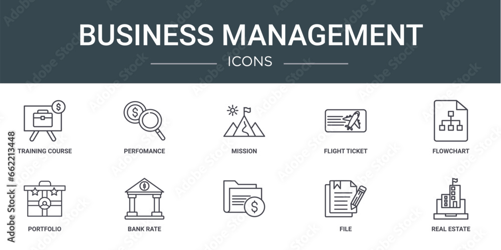 set of 10 outline web business management icons such as training course ...