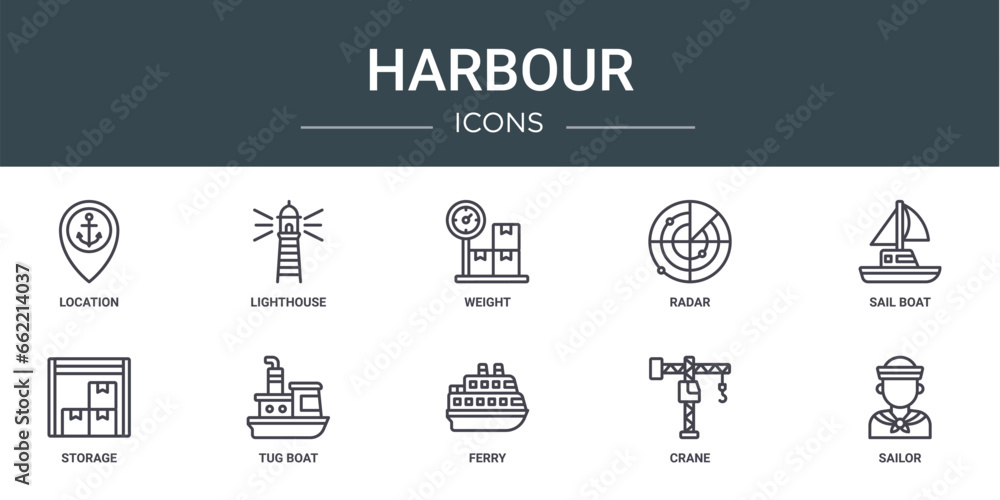 set of 10 outline web harbour icons such as location, lighthouse ...