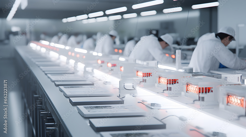 Microchips factory workers, dressed in white uniforms, aligned, moving ...