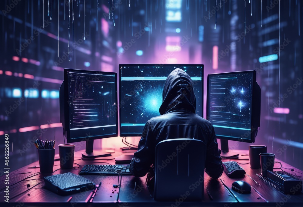 hacker in dark room hacker in dark room hacker in dark hoodie with computer and cyber security ...