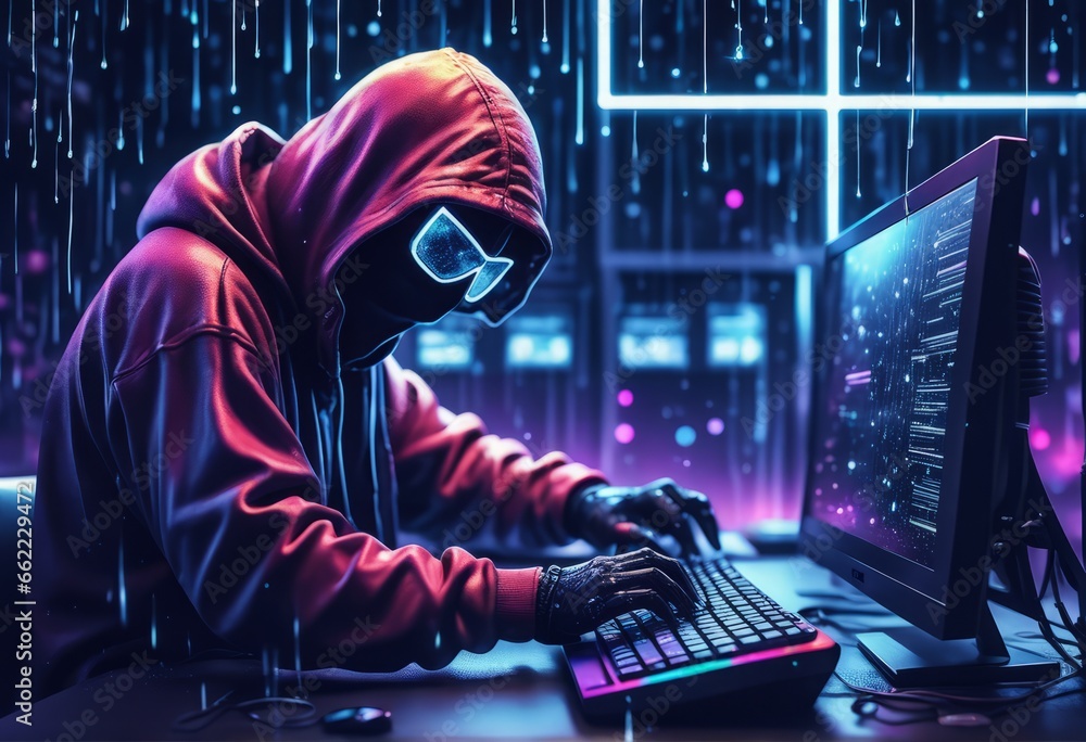 cyber attack hacker in a laptop with binary code. cyber security concept. hacker in a black ...