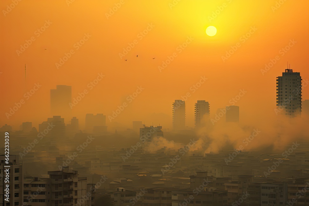 Smog and fine dust covering a city in the morning with orange sky ...