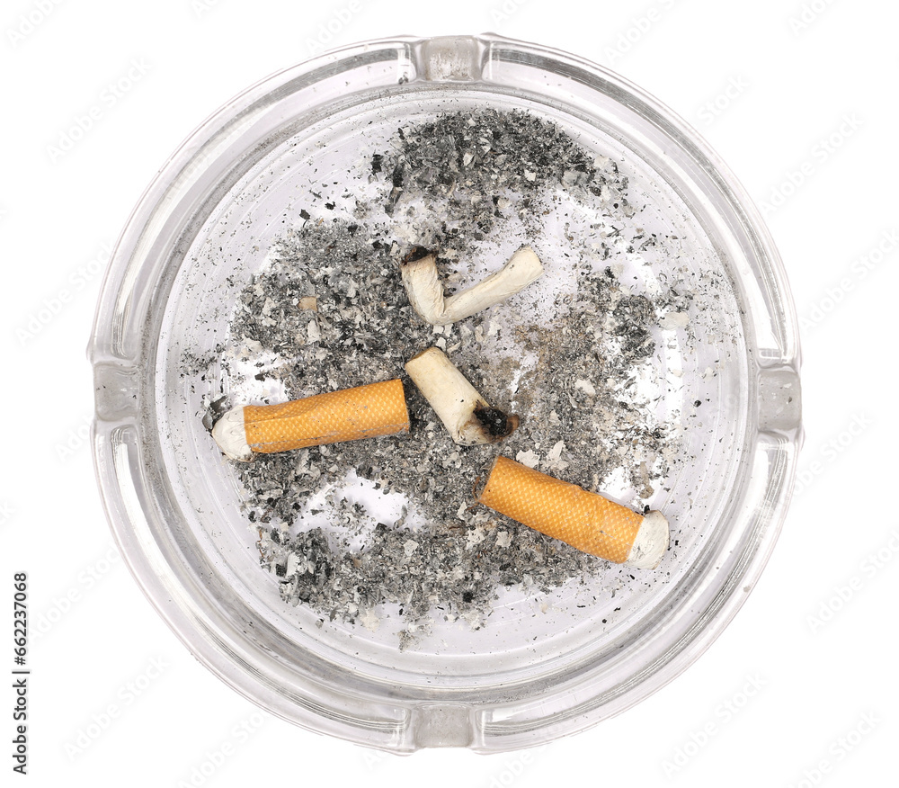 Poster Glass ashtray with butt and cigarette ash isolated on white, top ...