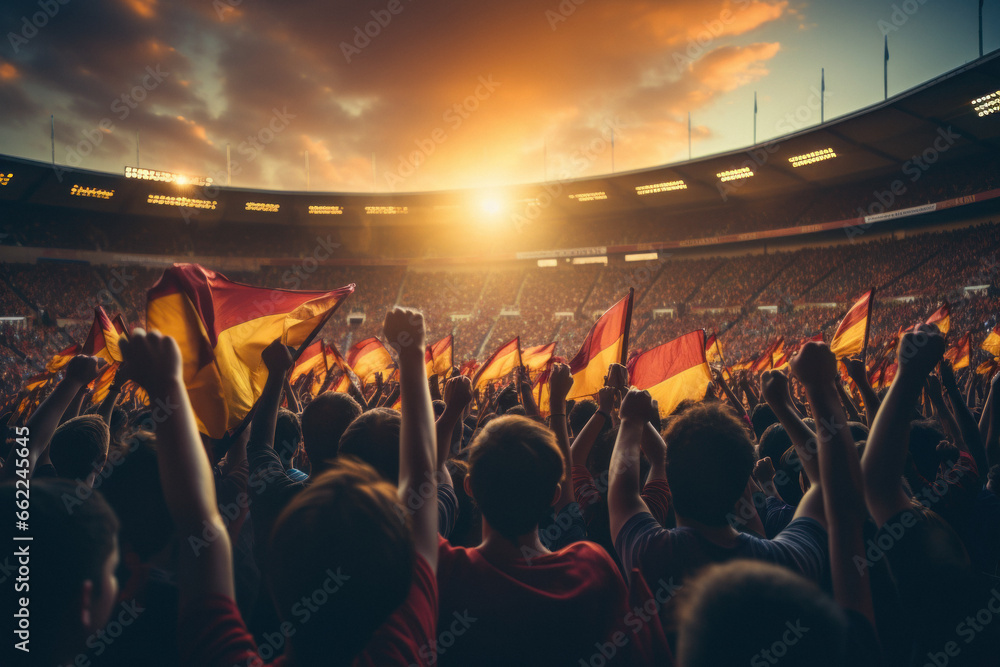 Crowd of football fans at the stadium, holding flags of their favorite ...