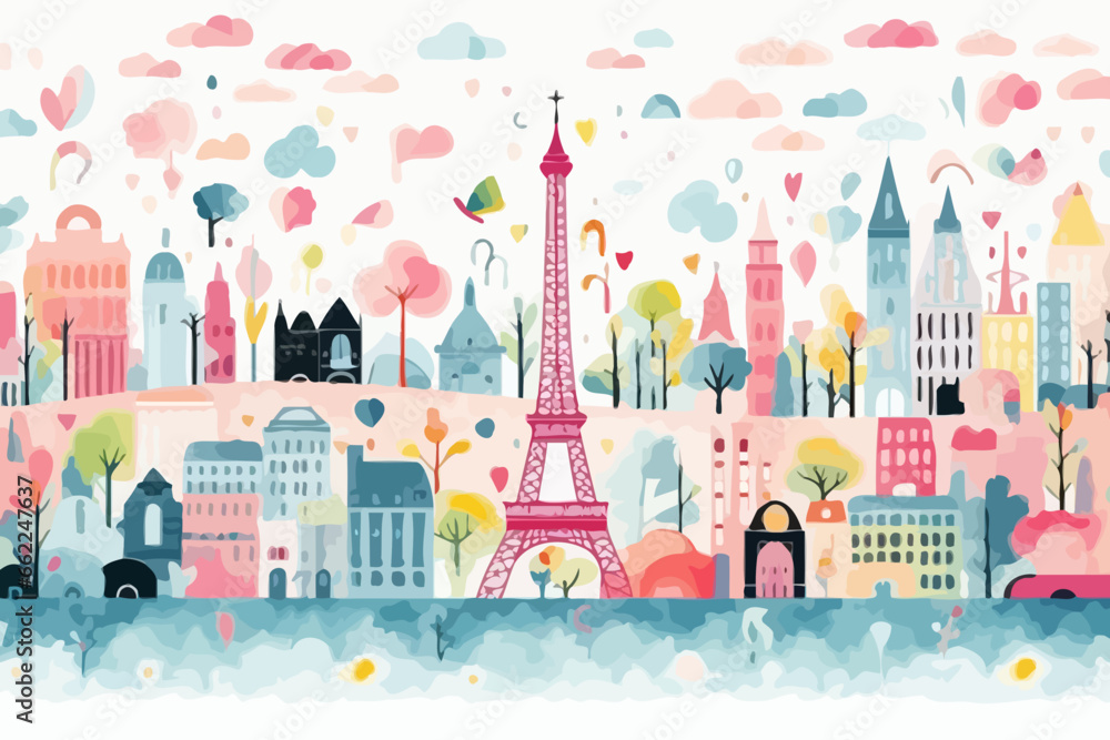 Paris skyline quirky doodle pattern, wallpaper, background, cartoon ...