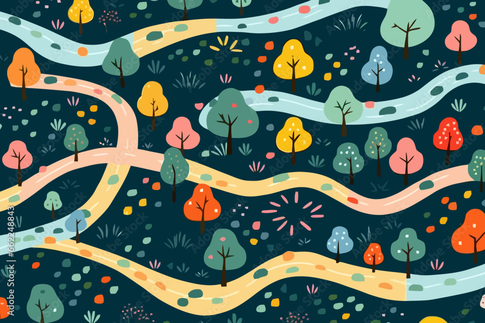 Backcountry roads and pathways quirky doodle pattern, wallpaper ...