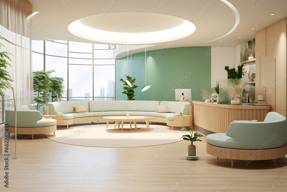 interior scenes rounded medical reception. Waiting area and reception ...