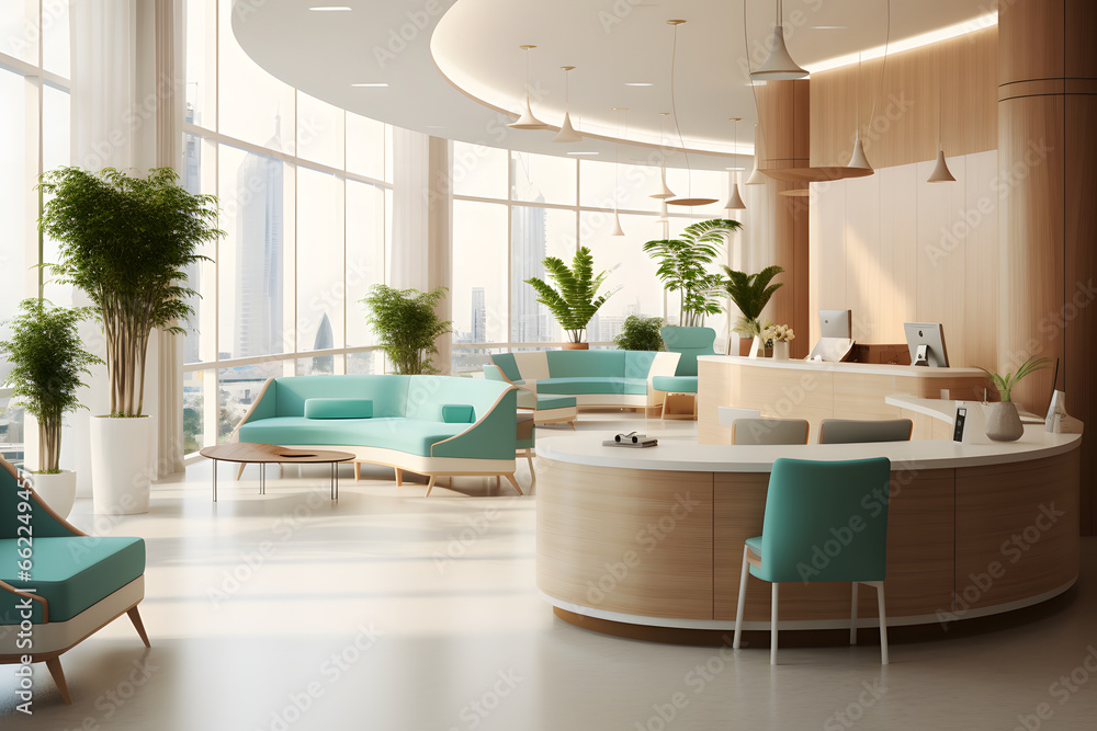 interior scenes rounded medical reception. Waiting area and reception ...