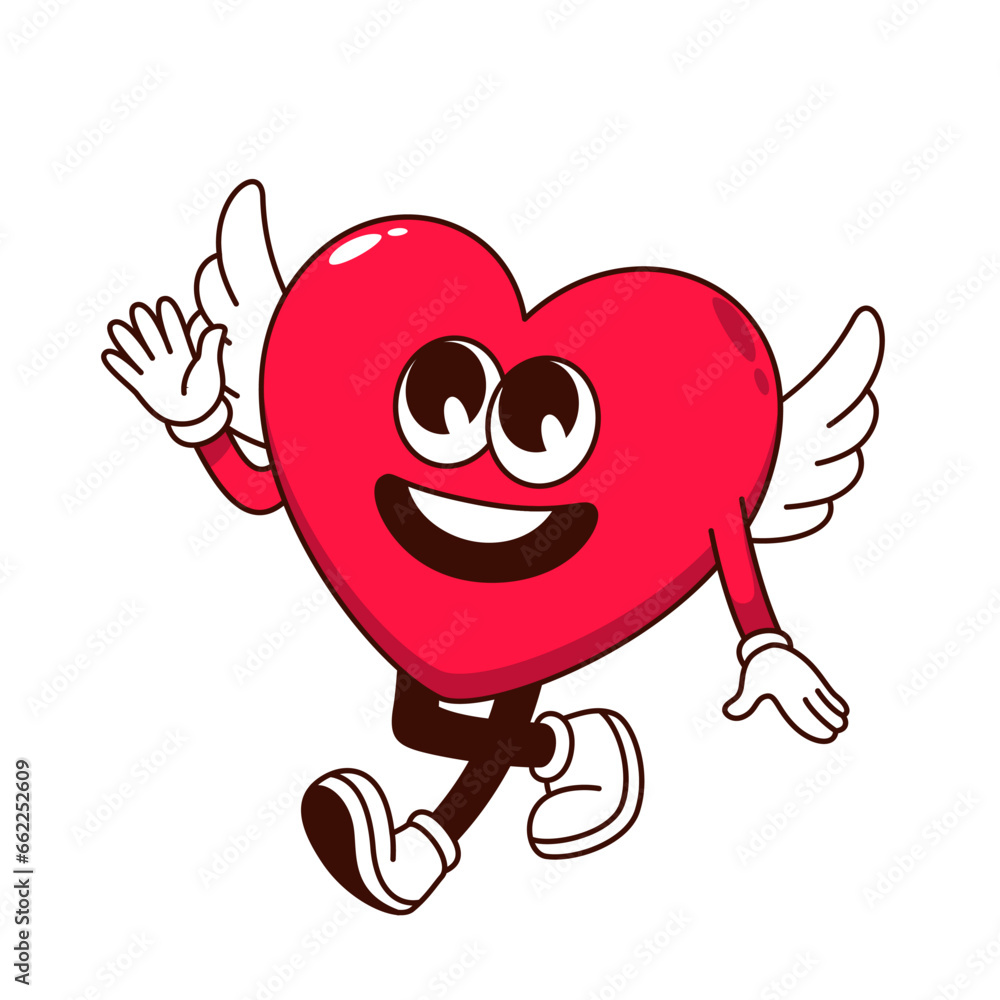 Groovy heart with wings character vector illustration. Cartoon isolated ...