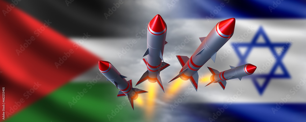 Military missiles in sky. Flags of Palestine and Israel. Rockets are ...