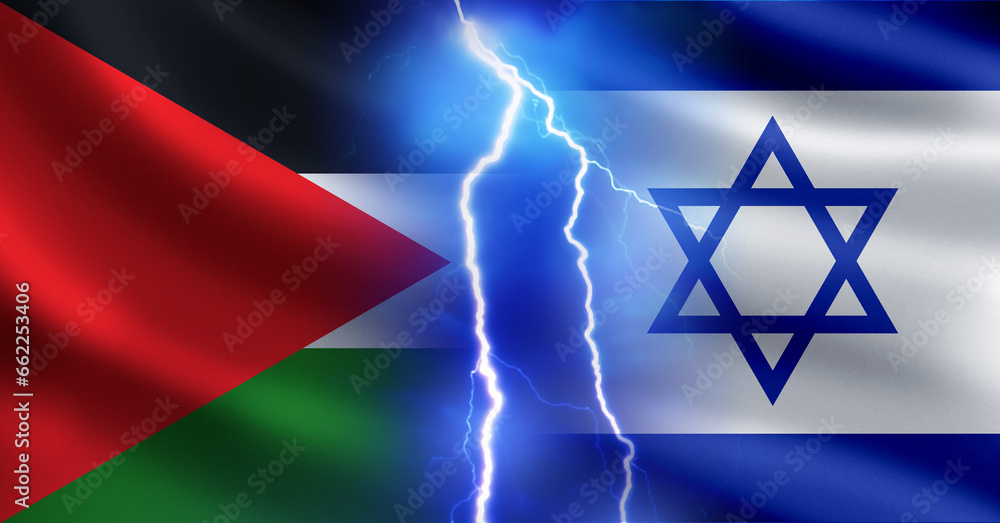 Flags of Palestine and Israel. Lightning between national flags ...