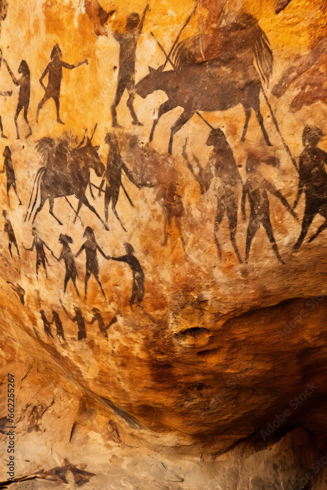 Old cave drawings of primitive people, stone age art, ancient history ...