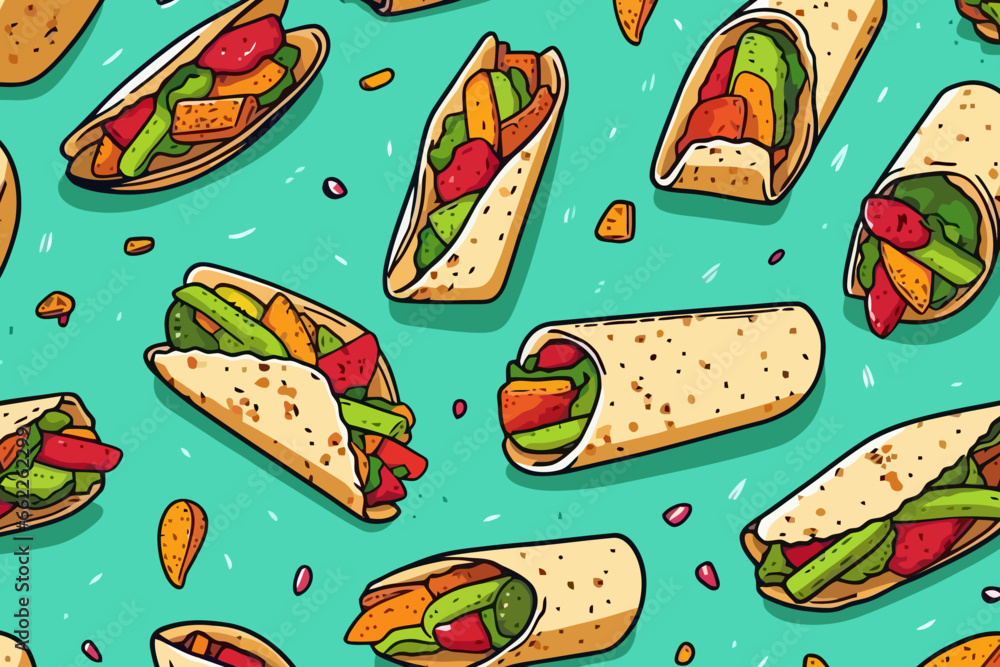 Tacos and burritos quirky doodle pattern, wallpaper, background ...