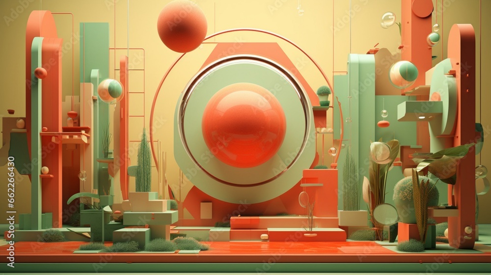 Produce a retro-inspired 3D abstract scene that pays homage to the ...