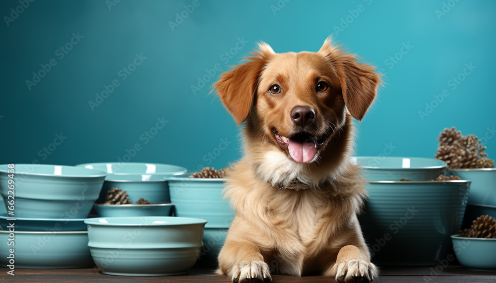 Happy dog next to the food bowl, cute dog that has eaten its meal ...