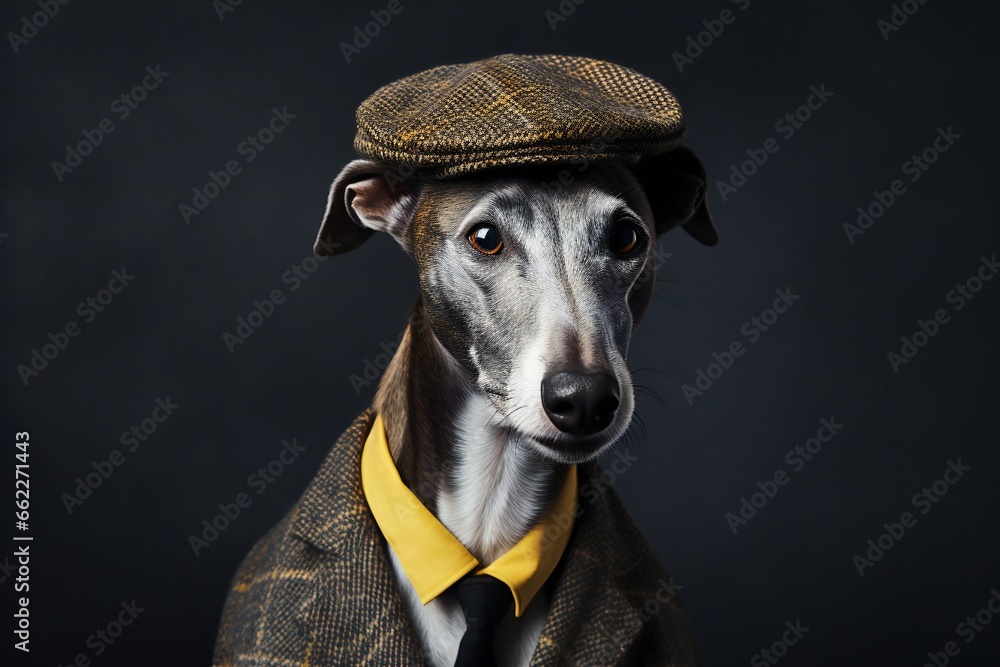 Cute smart Greyhound dog wearing a hat beret and a suit with a vintage ...