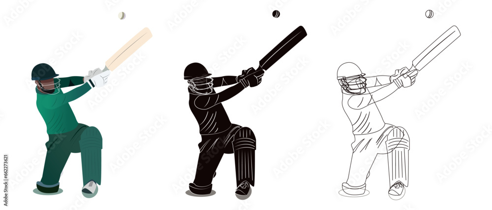 Set of a batsman playing cricket on the field illustration, line art ...