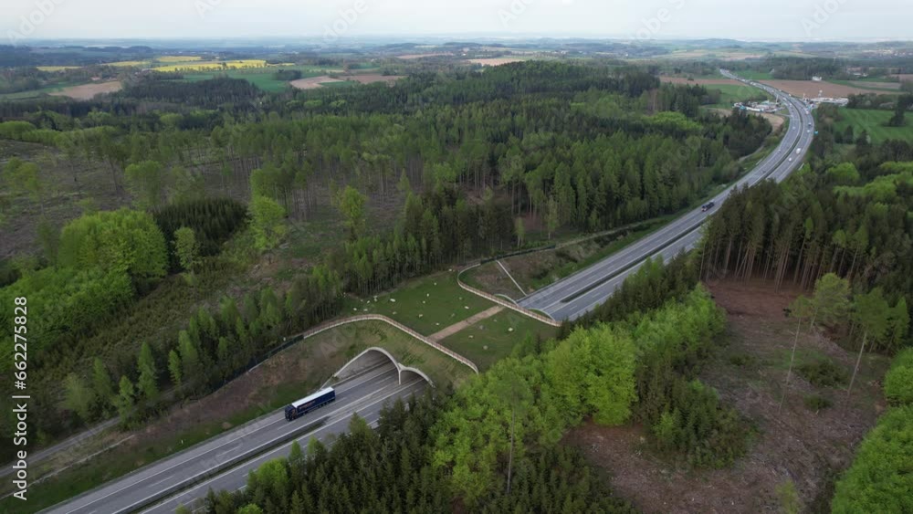 Aerial panorama view of ecoduct or wildlife crossing - vegetation ...