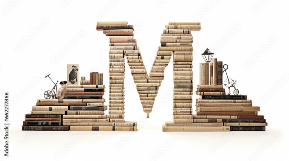 The letter M built from old books on a clean white area. Stock ...