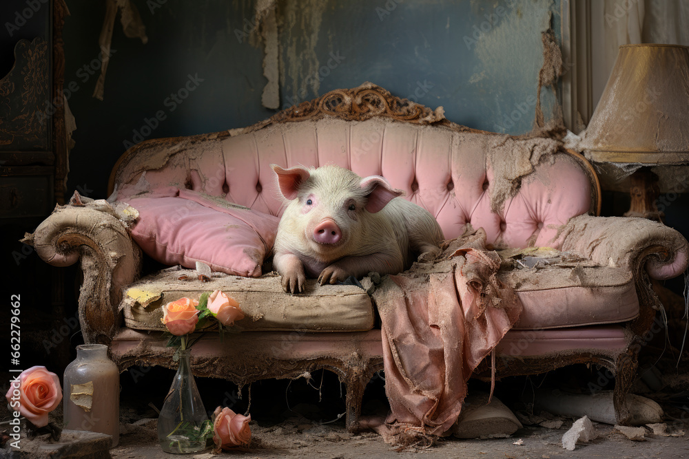 Mess, disorder and interior concept - living room with a pig lying on ...