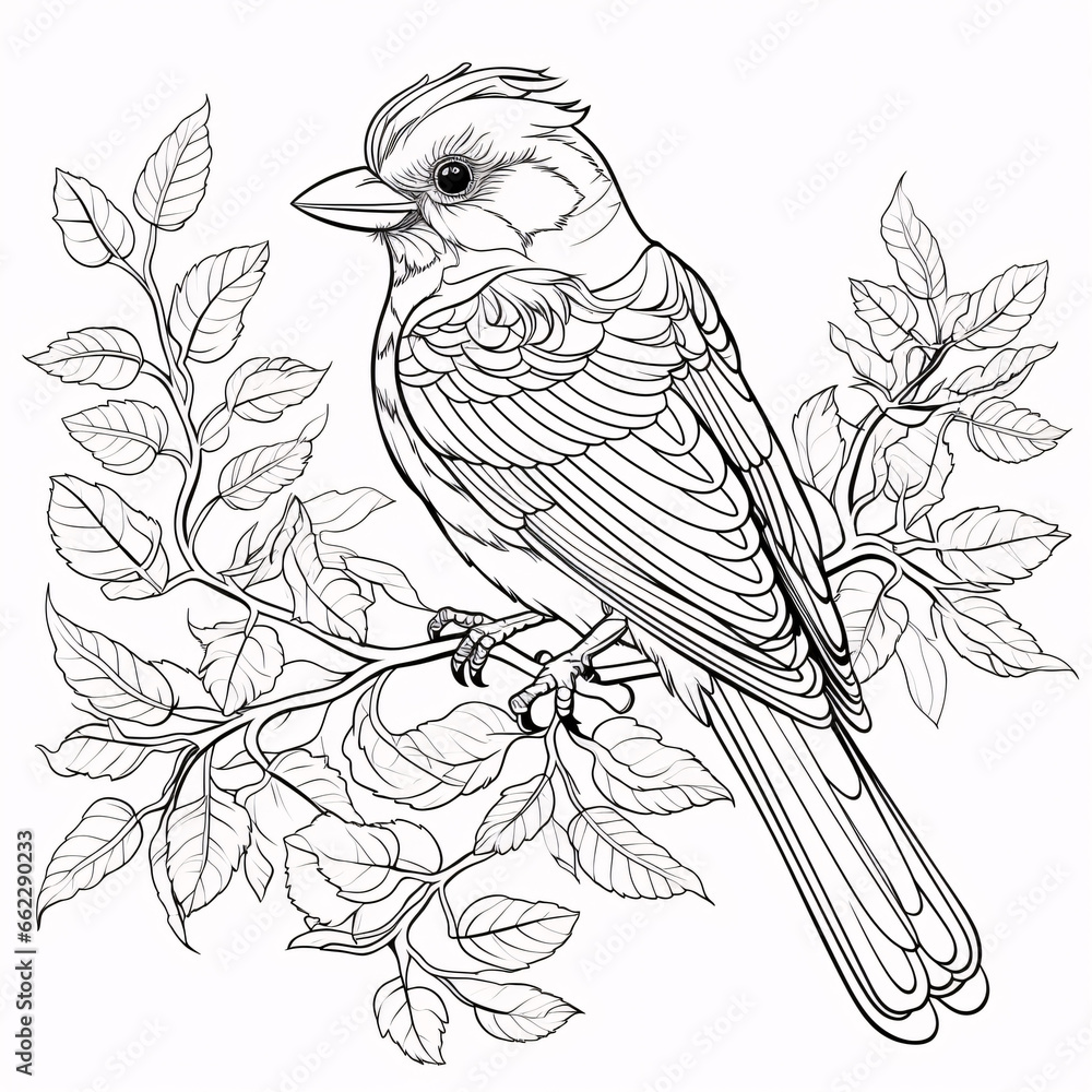 Coloring page. Coloring picture of beautiful bird in the garden. Line ...