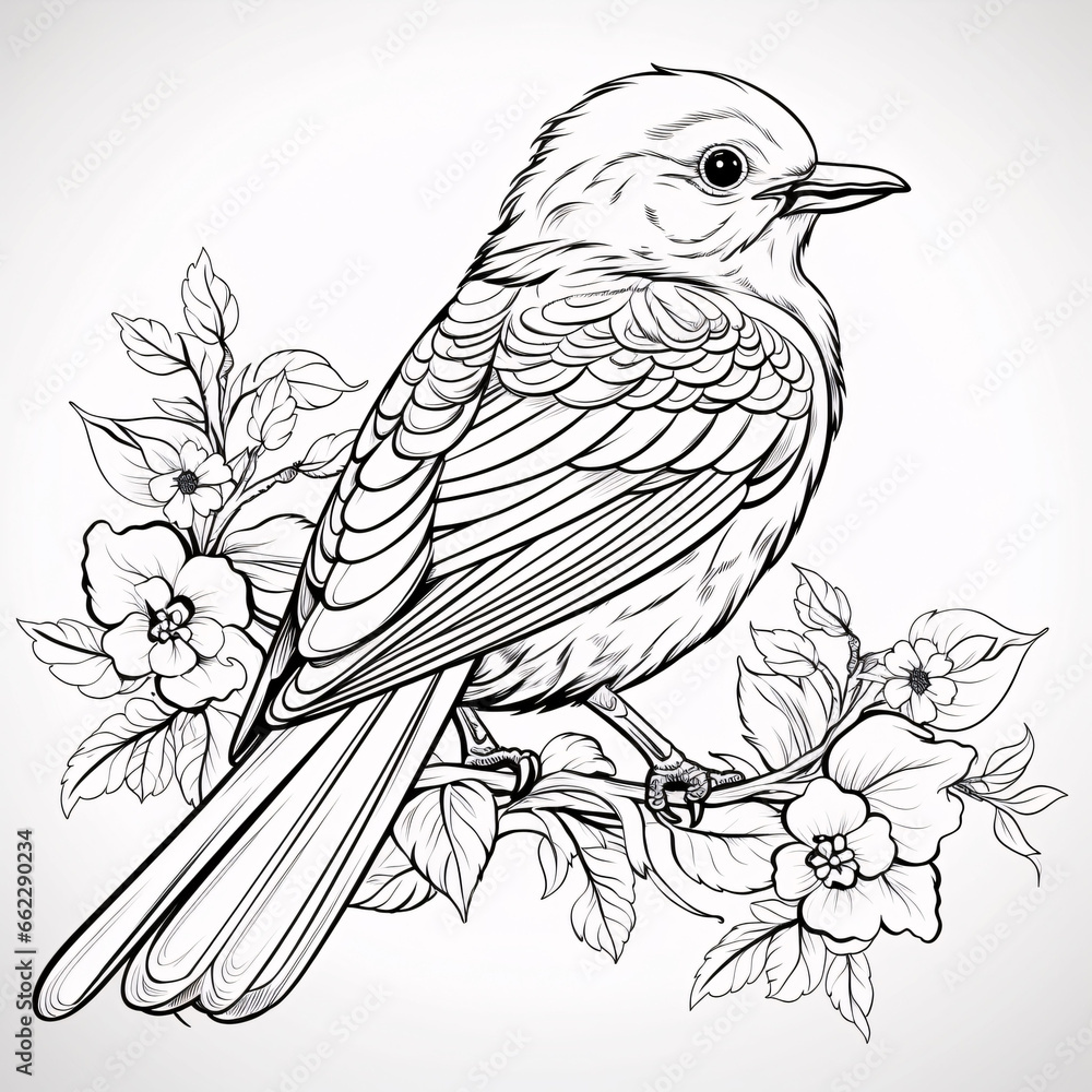 Coloring page. Coloring picture of beautiful bird in the garden. Line ...