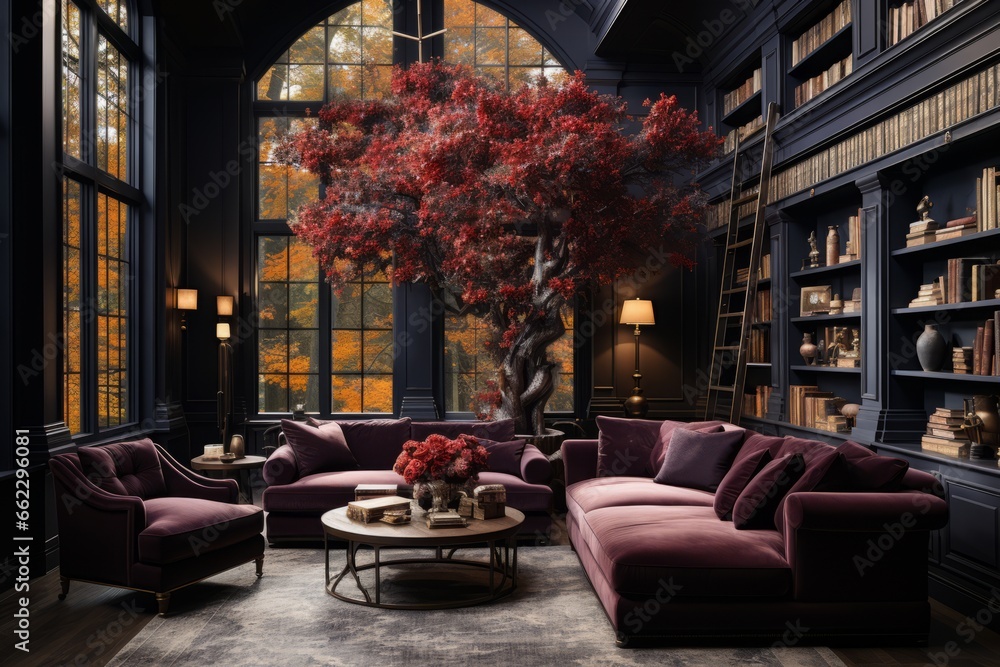 library with bookshelves, cozy reading nooks, and a rich color palette ...