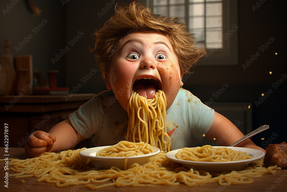 little cute boy eating spaghetti, cartoon style, Generated AI Stock ...