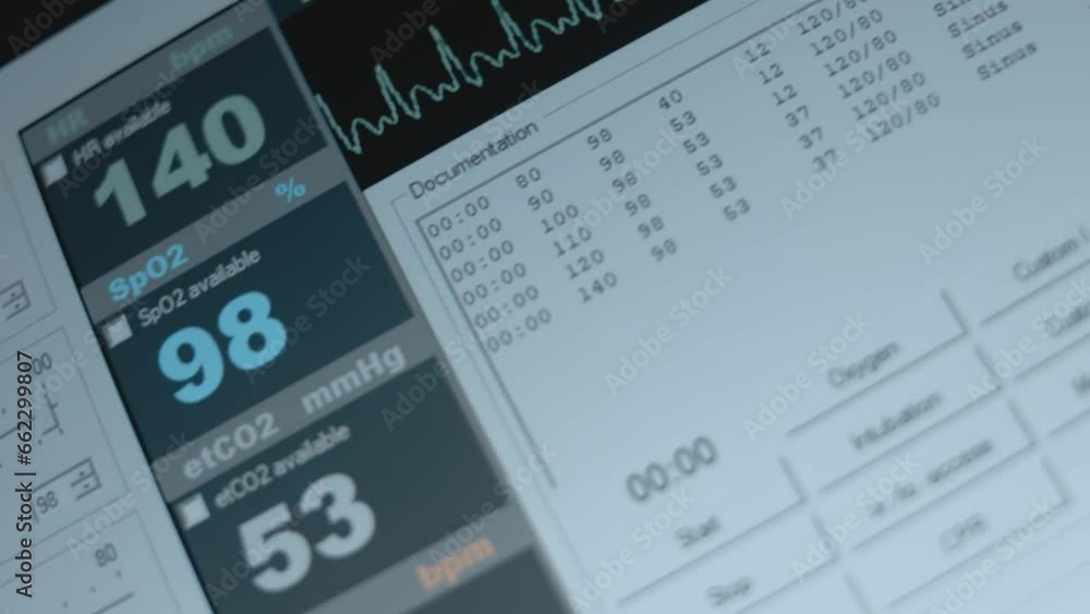 Close-up view of the screen of patient monitor displays vital signs ECG ...
