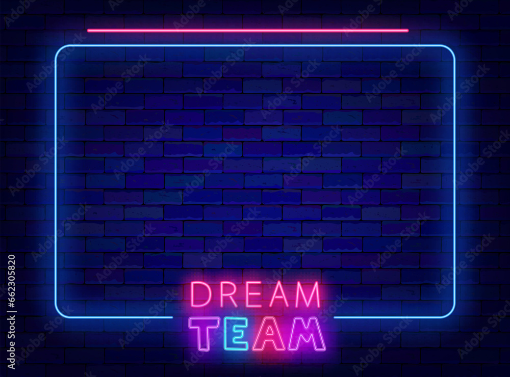 Dream team neon flyer. Minimal blue border. Sport competition frame ...