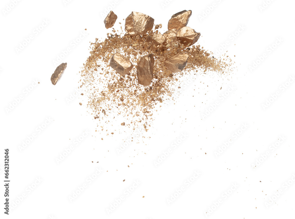 Gold ore nugget mix sand explode from Mining. Golden nugget ore grain ...