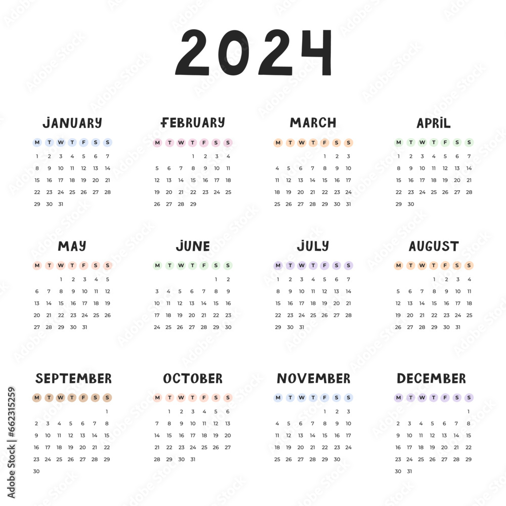 Cute minimal calendar template for 2024 year with weeks starts on ...