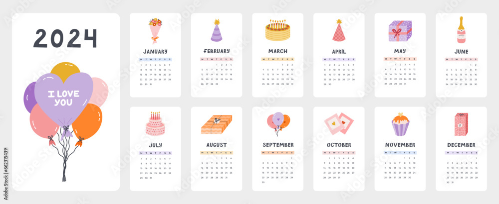 Cute calendar template for 2024 year with creative holiday illustration ...