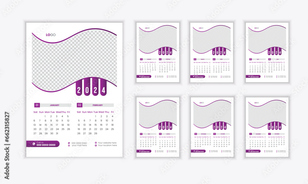 Corporate purple wall calendar design template for 2024 year. Editable ...