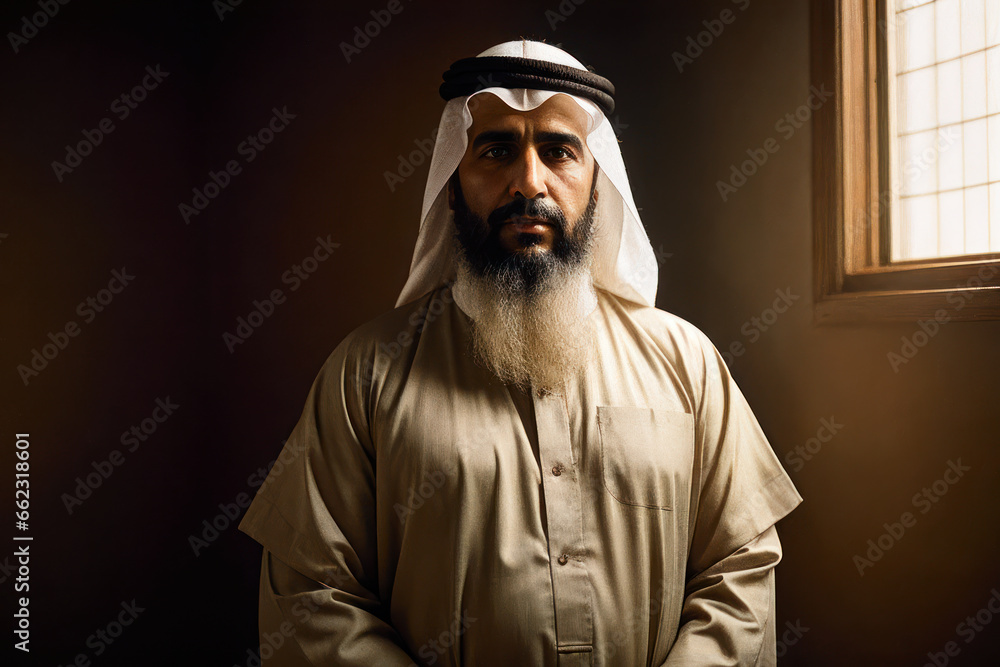 Portrait of the of the old age, bearded Arab man wearing traditional ...