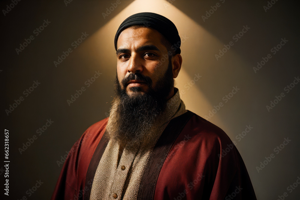 Portrait of the of the old age, bearded Arab man wearing traditional ...
