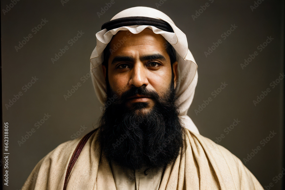 Portrait of the of the old age, bearded Arab man wearing traditional ...
