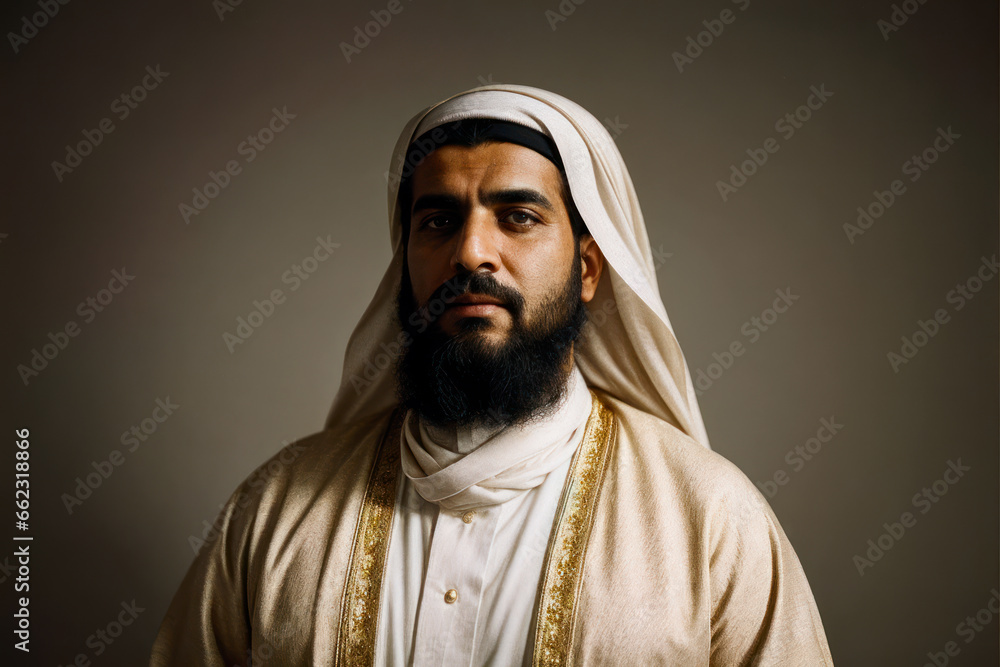 Portrait of the of the old age, bearded Arab man wearing traditional ...
