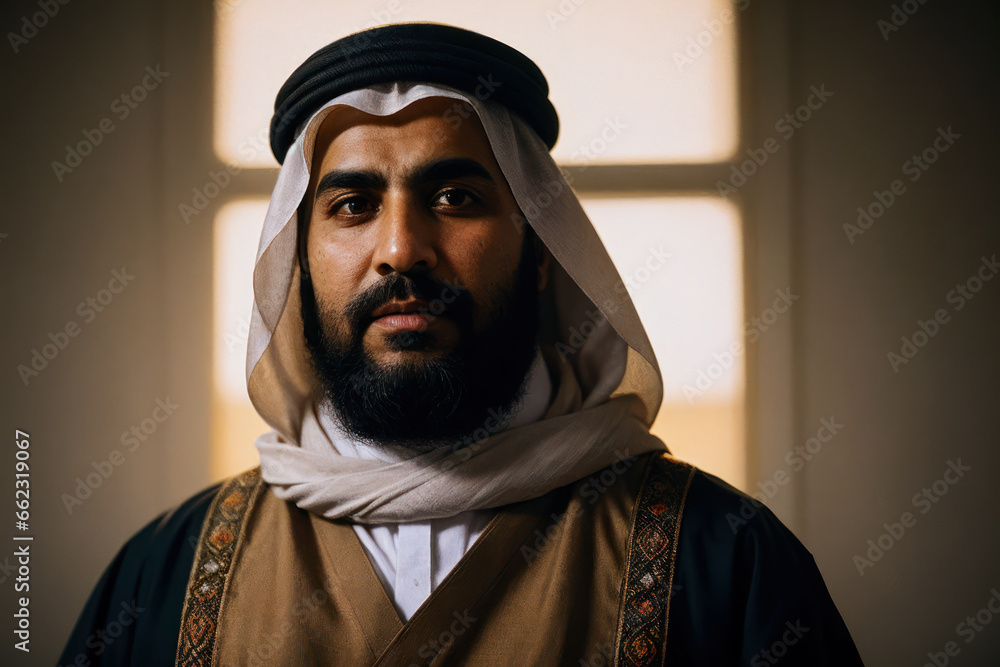 Portrait of the of the old age, bearded Arab man wearing traditional ...