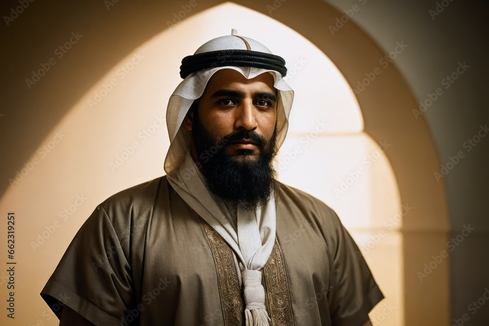 Portrait of the of the old age, bearded Arab man wearing traditional ...