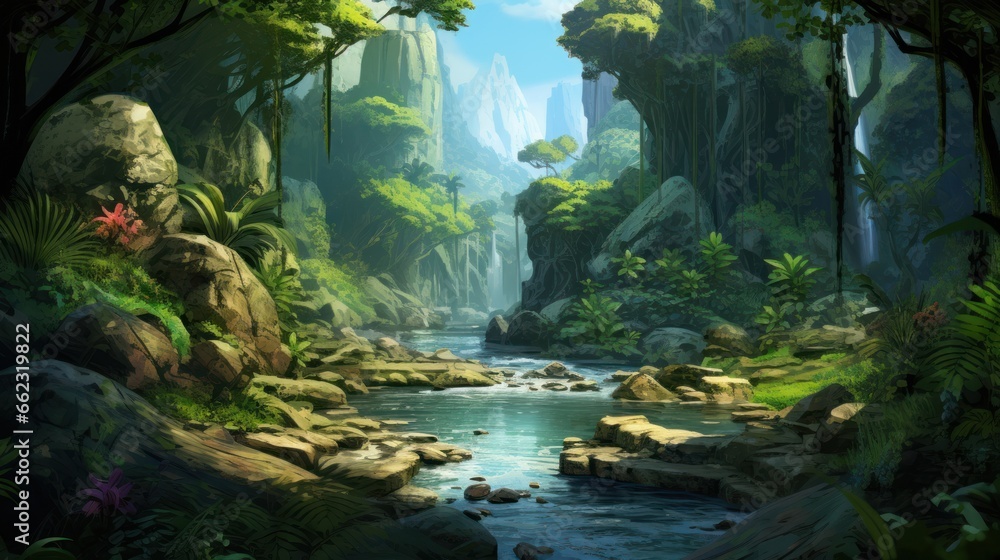 Scene of a river adventure through a dense jungle, with wildlife ...