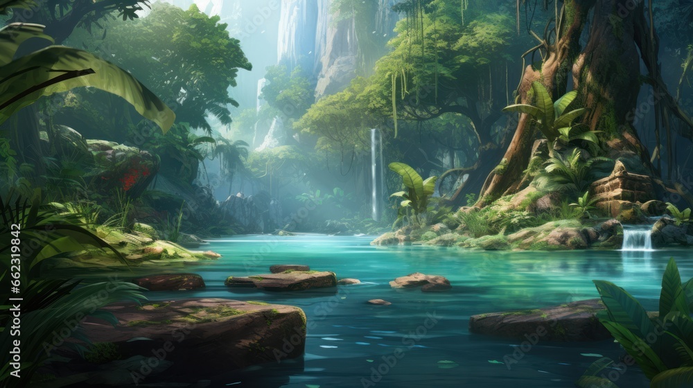 Scene of a river adventure through a dense jungle, with wildlife ...