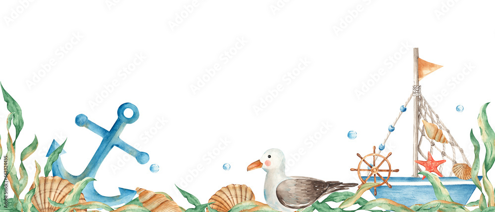 Horizontal watercolor sea, marine seamless border pattern. Ship, boat ...